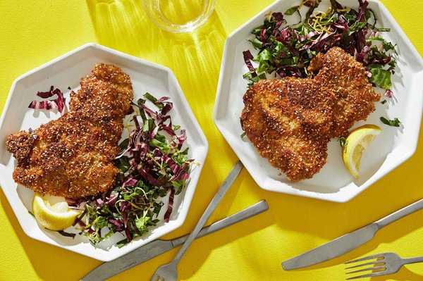 Golden chicken schnitzel that's crispy, not greasy