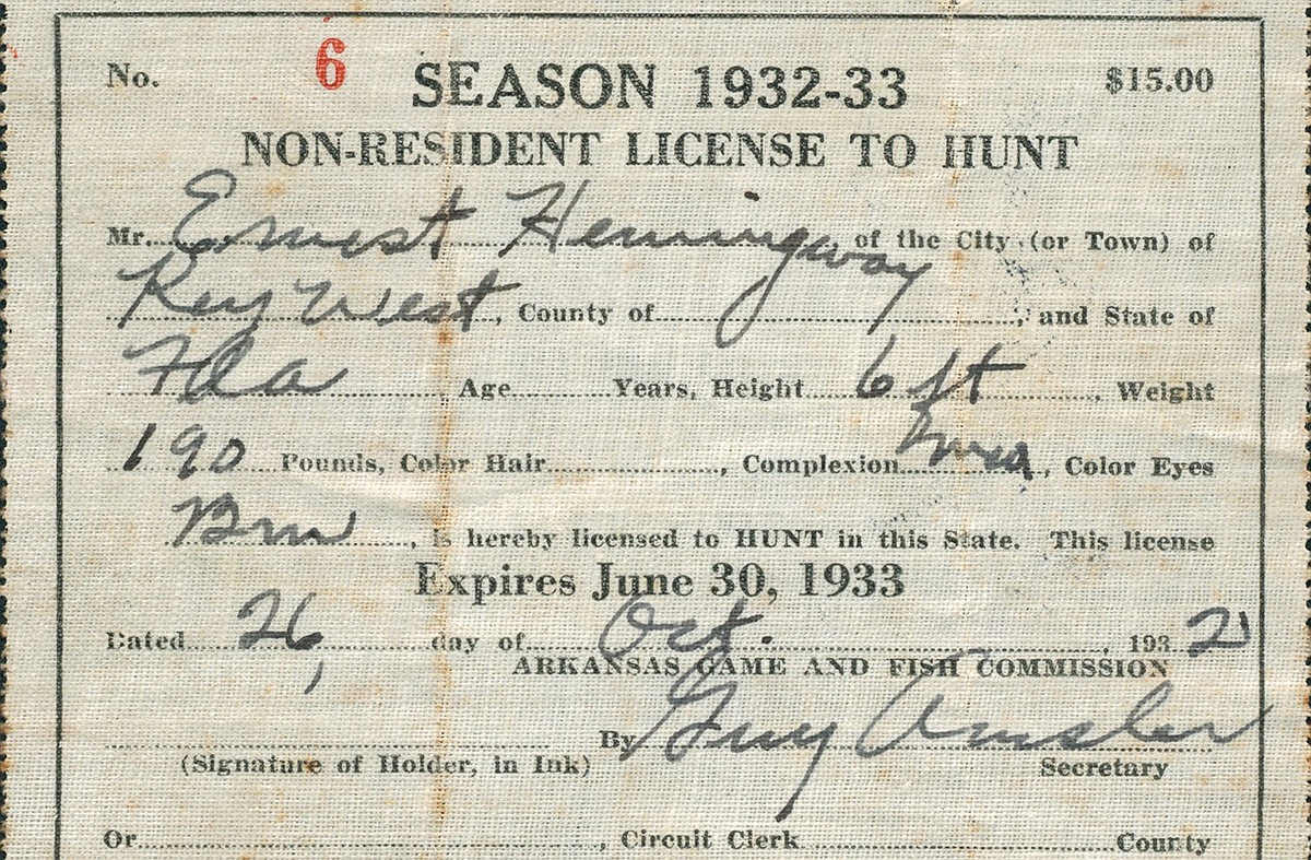 Hemingway’s 1932 Arkansas hunting license now part of archive | The ...