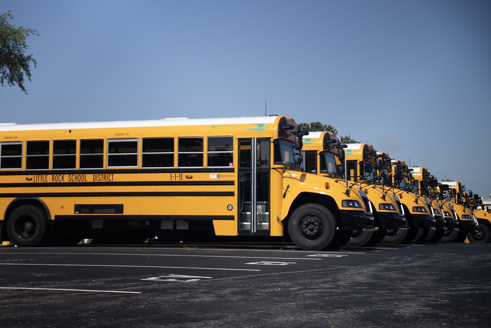 Little Rock School District buses are lined up at the transportation ...