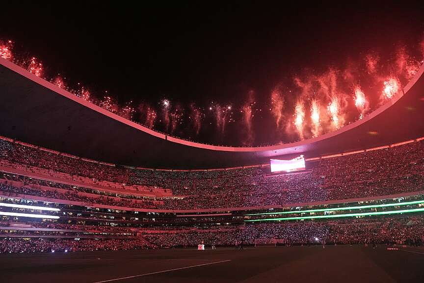 FILE - Fireworks go off at the halftime during the international ...