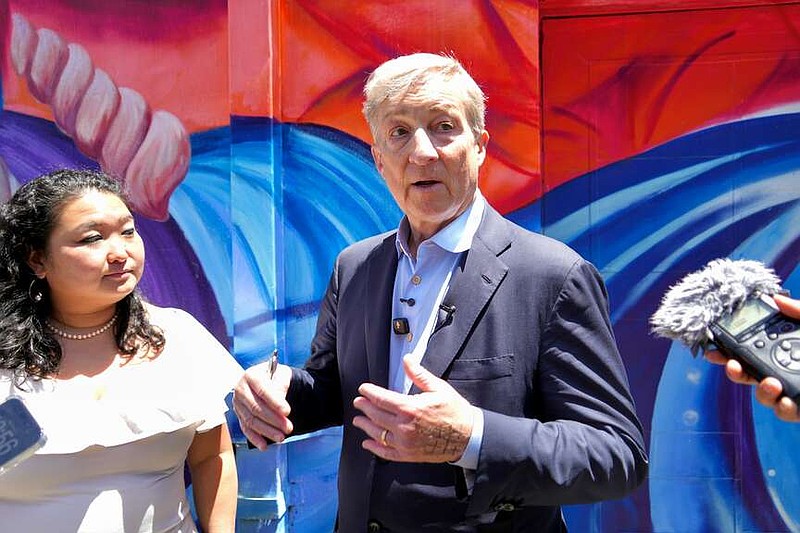 California gubernatorial candidate Tom Steyer speaks with reporters ...